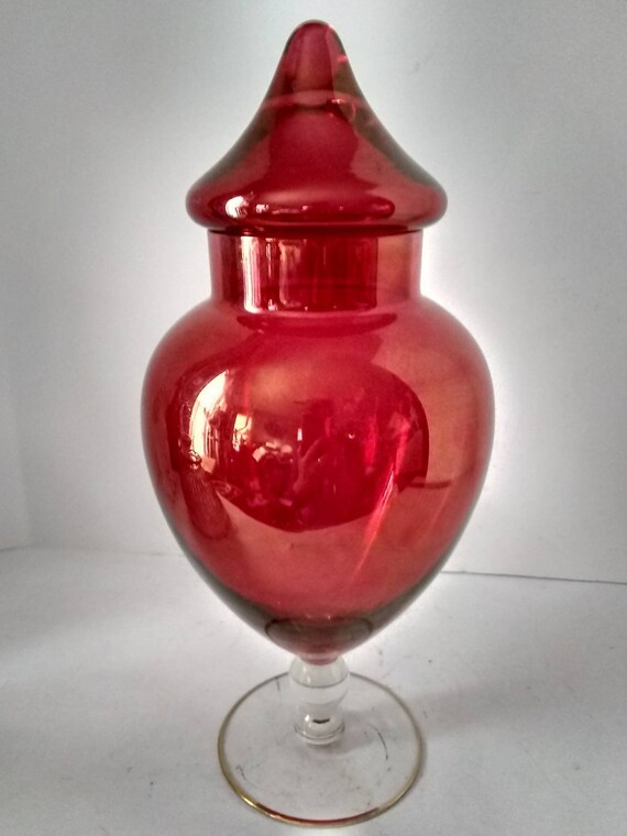 MCM Ruby Red Apothecary Footed Candy Jar | Etsy