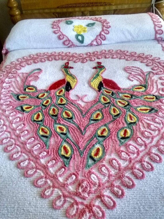 Vintage Pink Chenile Double Peacock Bedspread Full/queen Size - Etsy