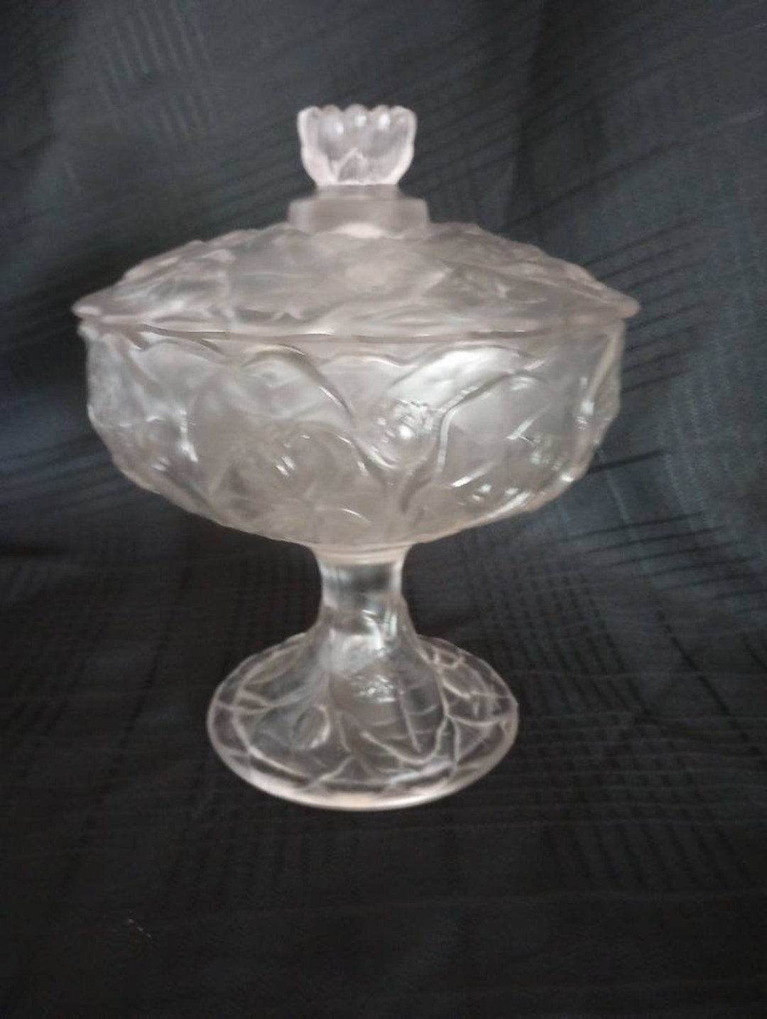 Fenton Lidded Pedestal Compote Candy Dish Water Lily Satin Frosted ...