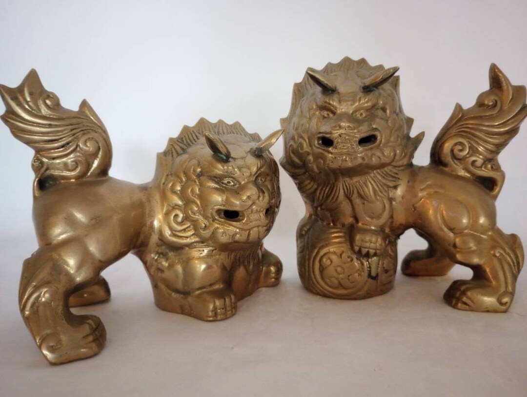 Vintage Chinese Guardian Lions Foo Dog Statues Heavy Brass Feng Shui - Etsy