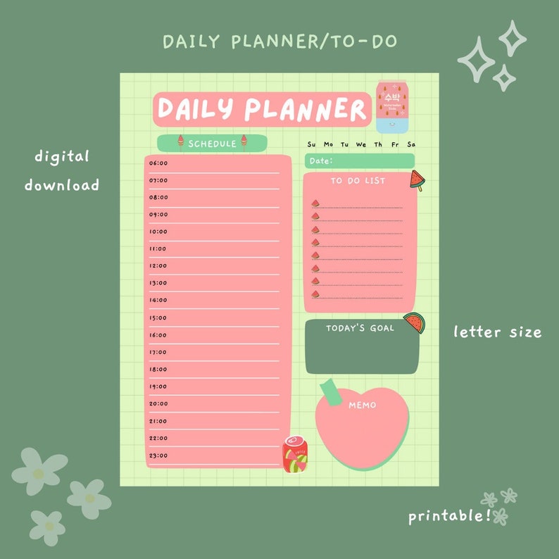 Cute Watermelon Daily Planner | Printable Stationary | Instant Download ...