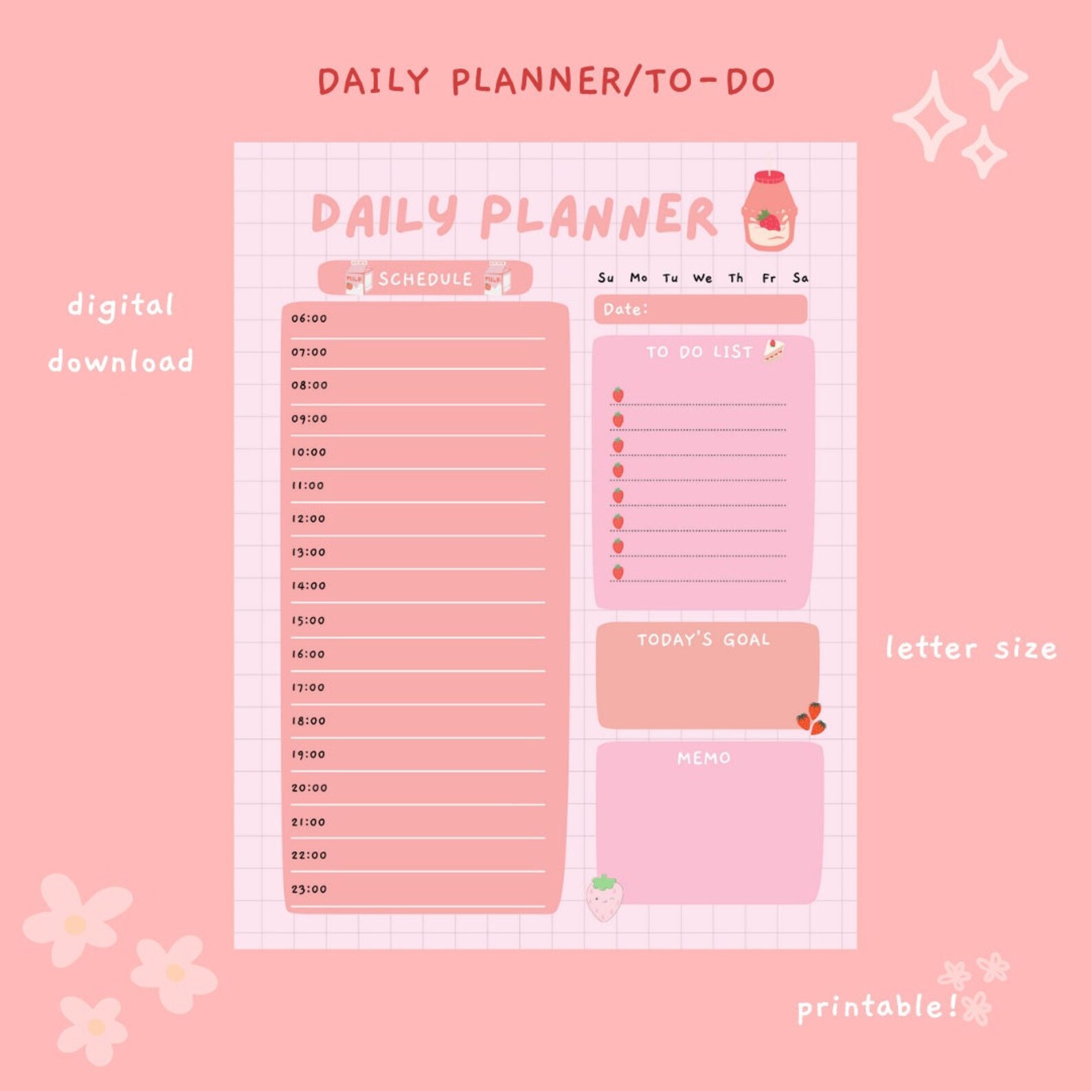 Cute Strawberry Daily Planner | Printable Stationary | Instant Download ...