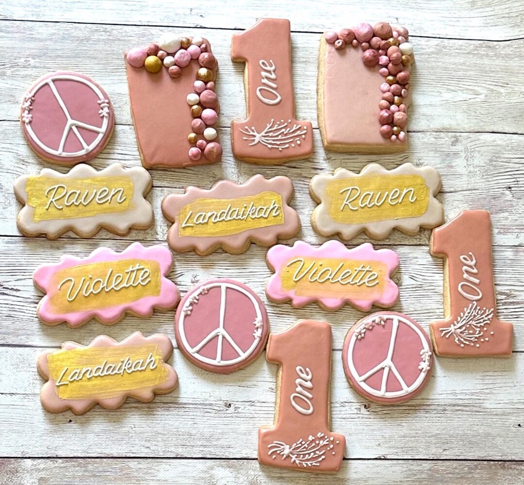 Peace Sign & Name Cookies for First Birthday – Boho-themed Decorated ...