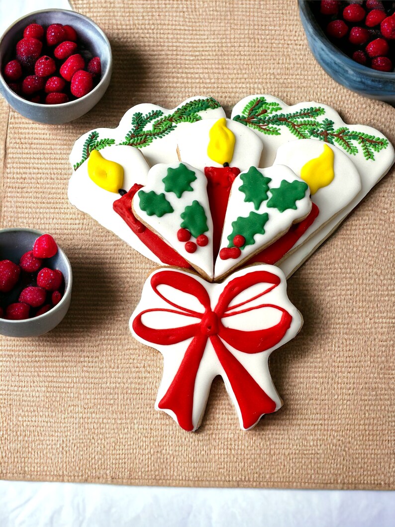 Handcrafted Christmas Holly & Bell Sugar Cookie Set - Festive Holiday ...