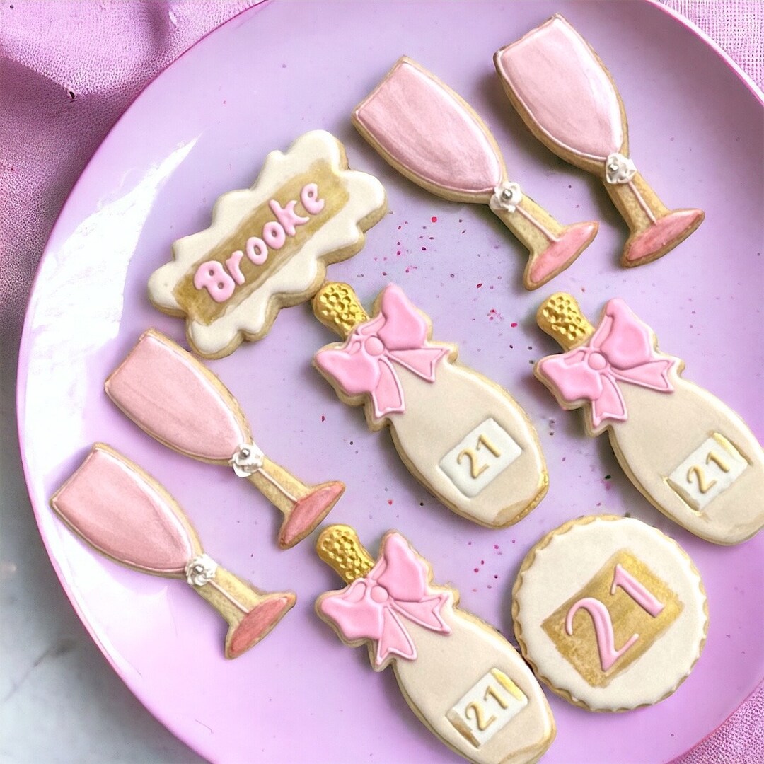 Personalized 21st Birthday Sugar Cookie Set Elegant Champagne and Name ...