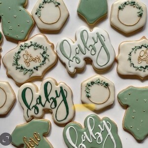 Greenery Baby Shower Cookies – Custom Sage Green Baby Shower Sugar ...