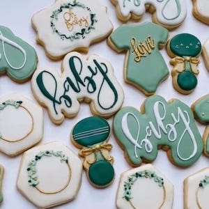 Greenery Baby Shower Cookies – Custom Sage Green Baby Shower Sugar ...