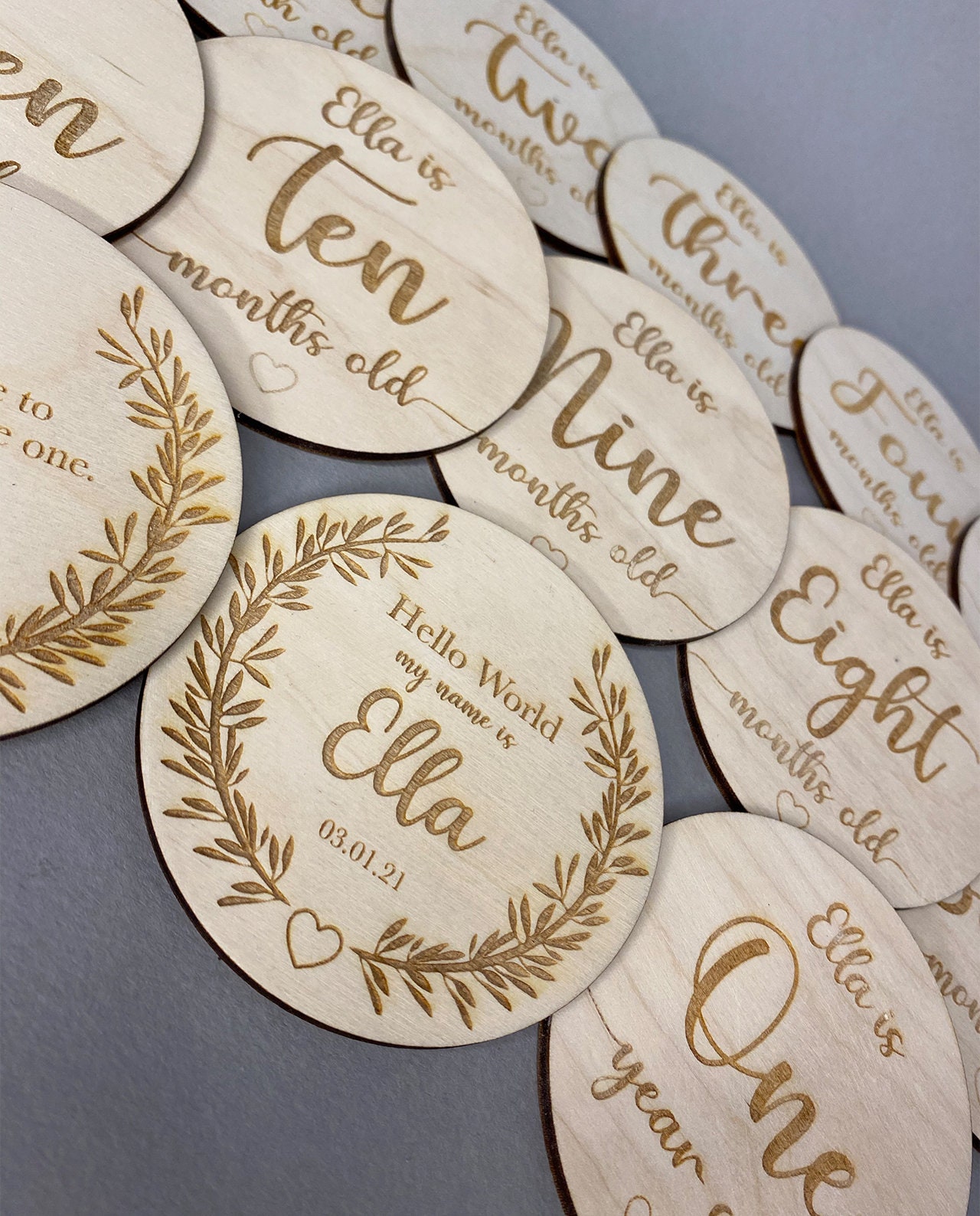 Personalised Wooden Baby Milestone Discs Cards Keepsake Gift Newborn ...