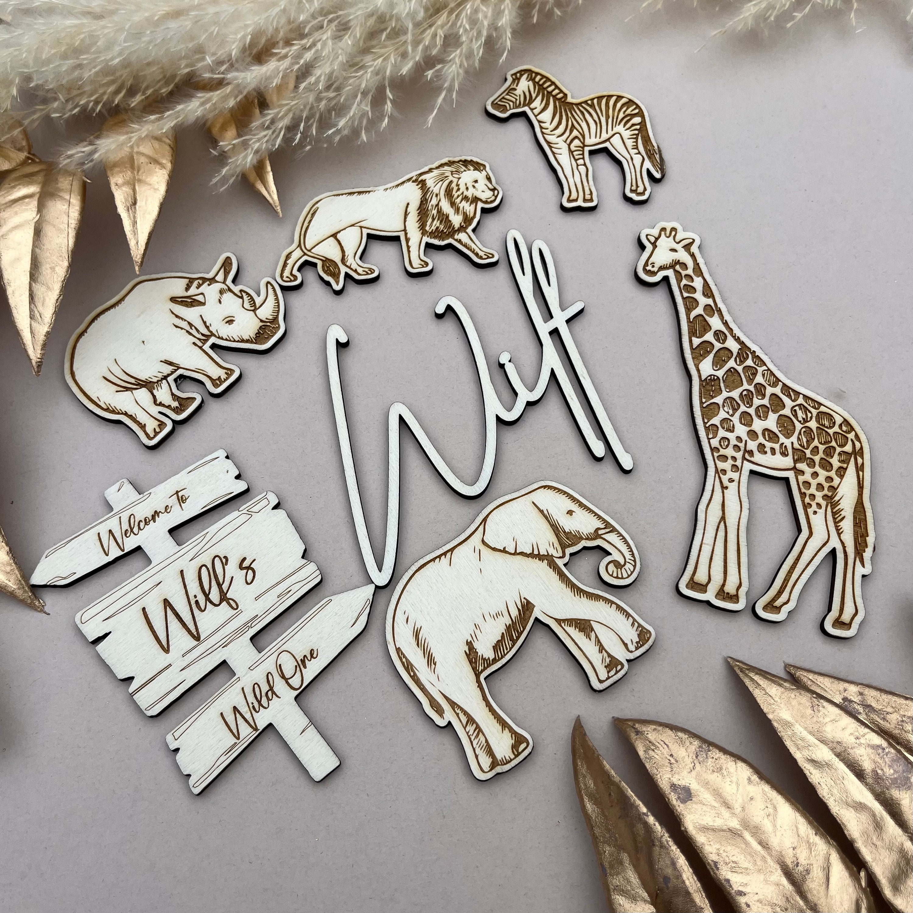 Engraved Safari Animals Cake Topper Set: Personalized Christening Charm ...