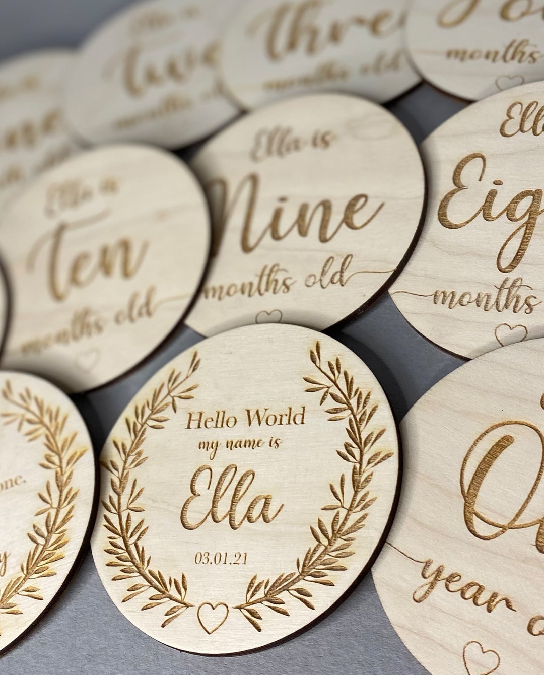 Personalised Wooden Baby Milestone Discs Cards Keepsake Gift Newborn ...