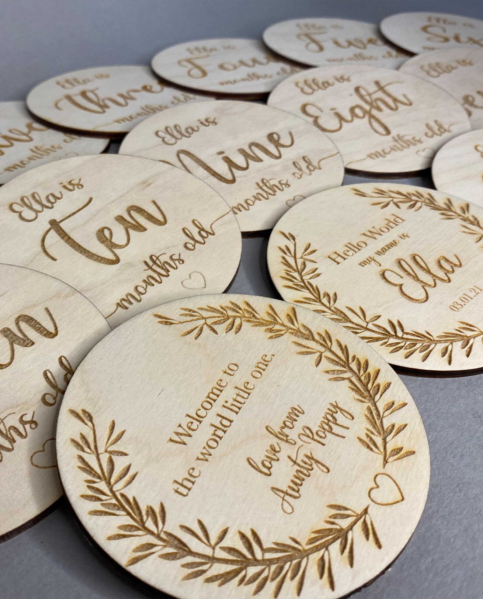 Personalised Wooden Baby Milestone Discs Cards Keepsake Gift Newborn ...