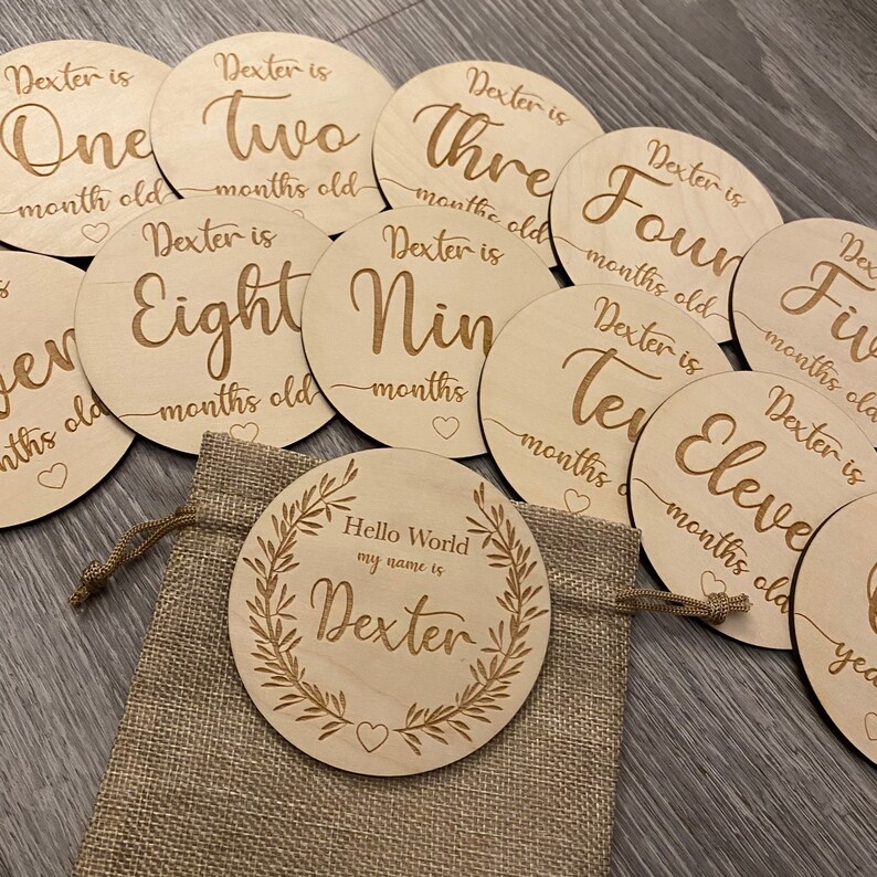 Personalised Wooden Baby Milestone Discs Cards Keepsake Gift Newborn ...