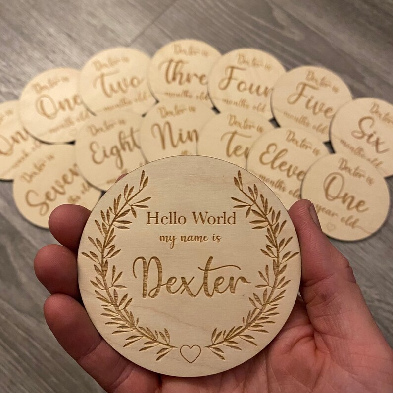 Personalised Wooden Baby Milestone Discs Cards Keepsake Gift Newborn ...