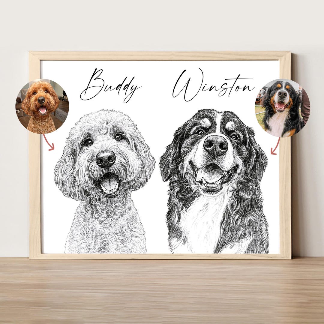 Custom Two Dogs Sketch From Photo Hand Drawn Digital Custom Pet Sketch ...