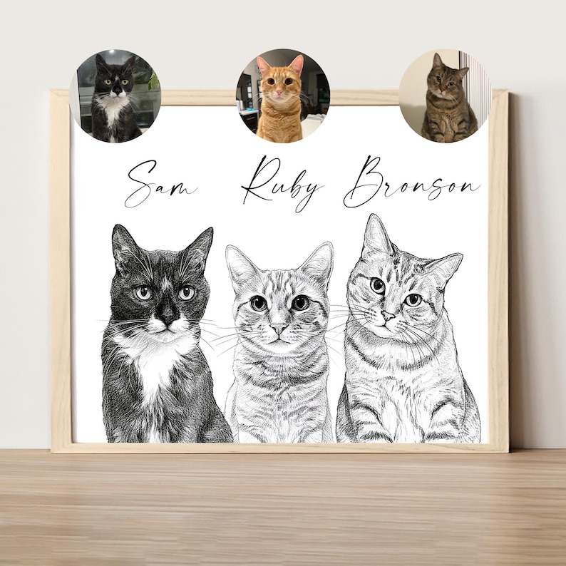 Custom Three Pets Portrait Sketch, Personalized Dog & Cat Drawing ...