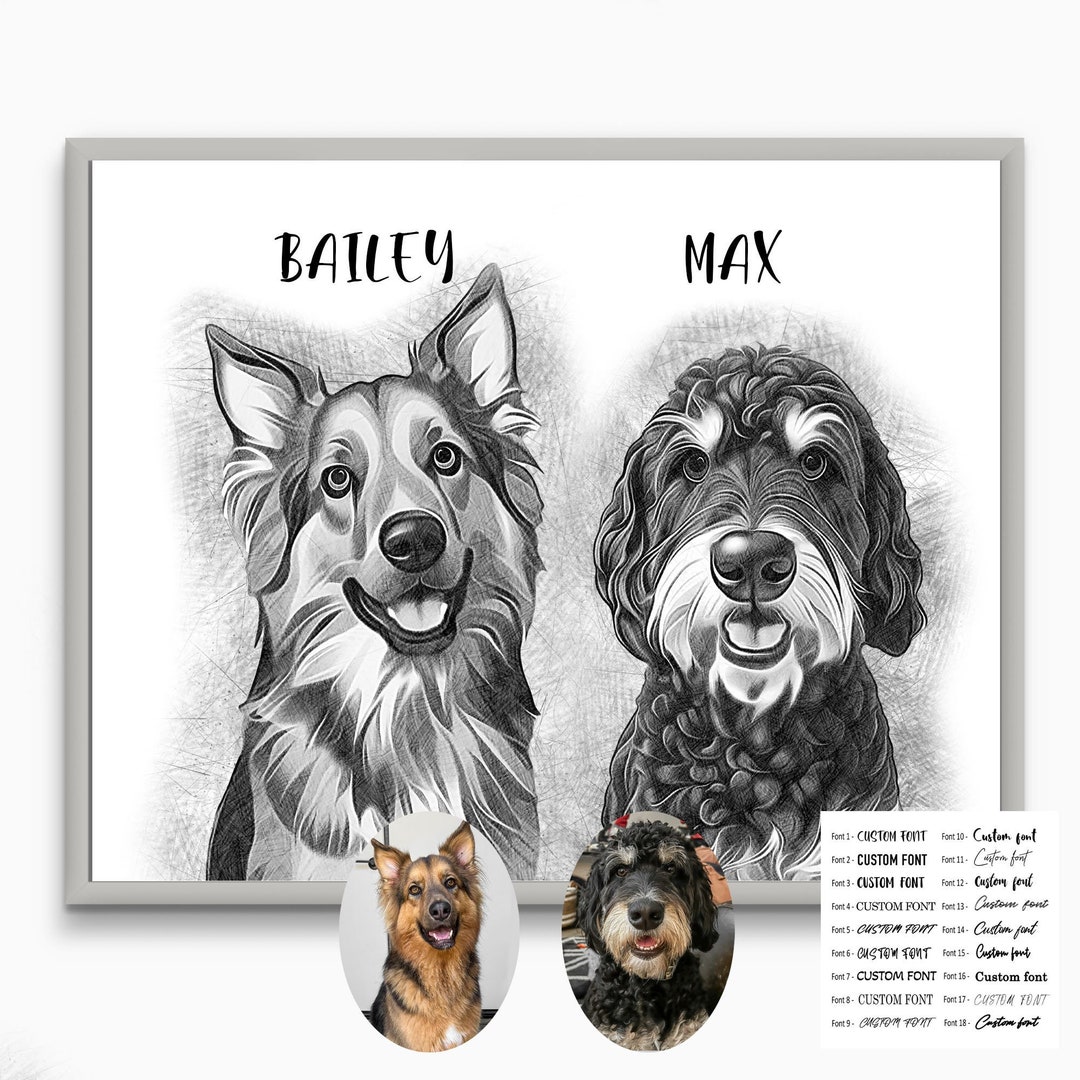 Custom Two Dogs Sketch From Photo Hand Drawn Digital Custom Pet Sketch ...