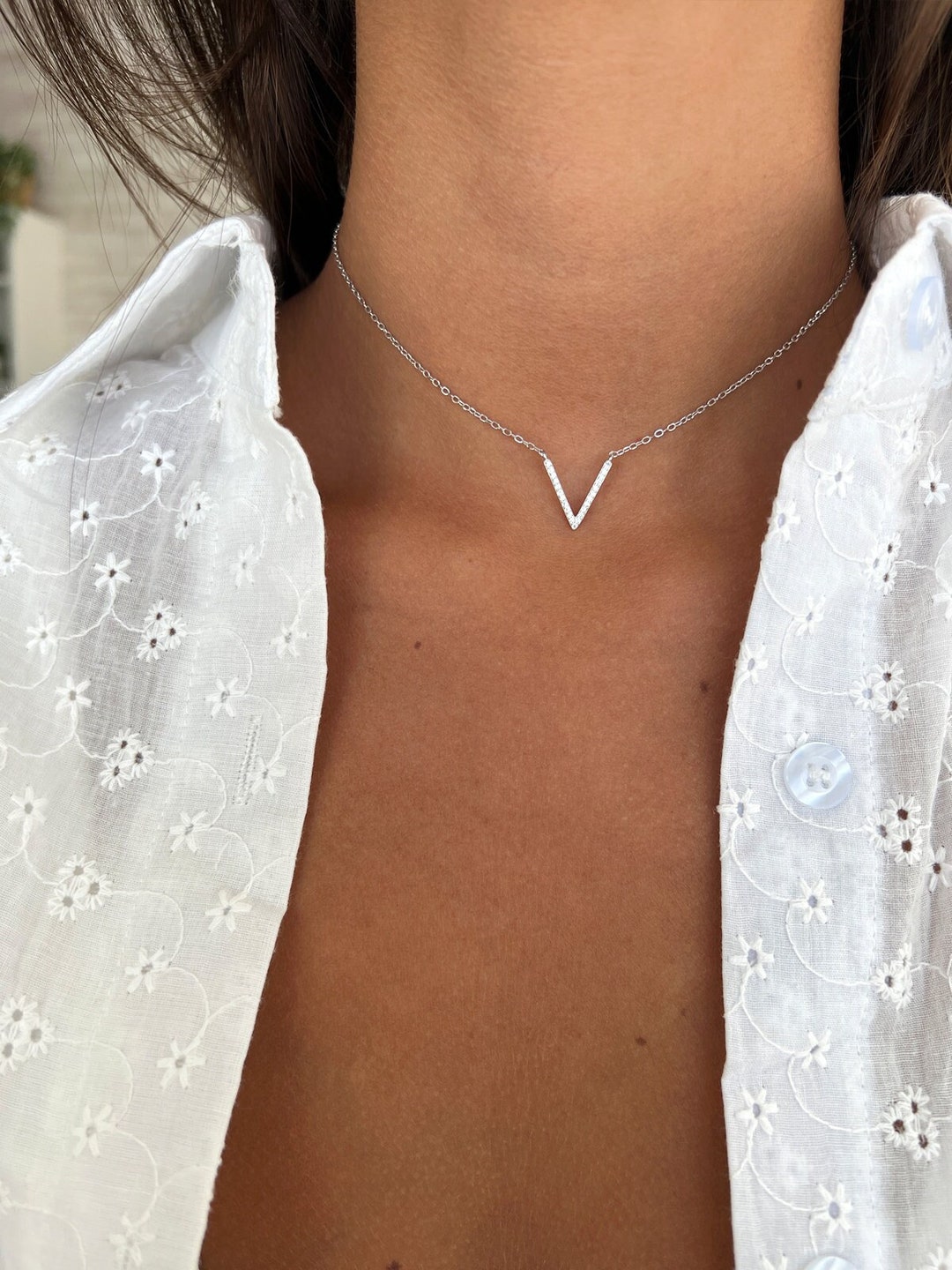 V Necklace, Sterling Silver 925 V Pendant Cubic Zirconia, Rose Gold V ...