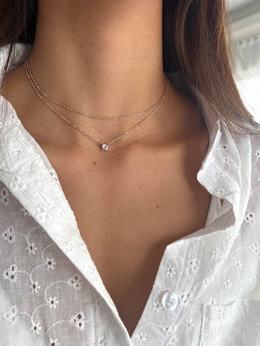 Doppel Solitär Halskette, Sterling Silber 925 Doppel Halskette, Rose Gold Doppel Kette Halskette ...