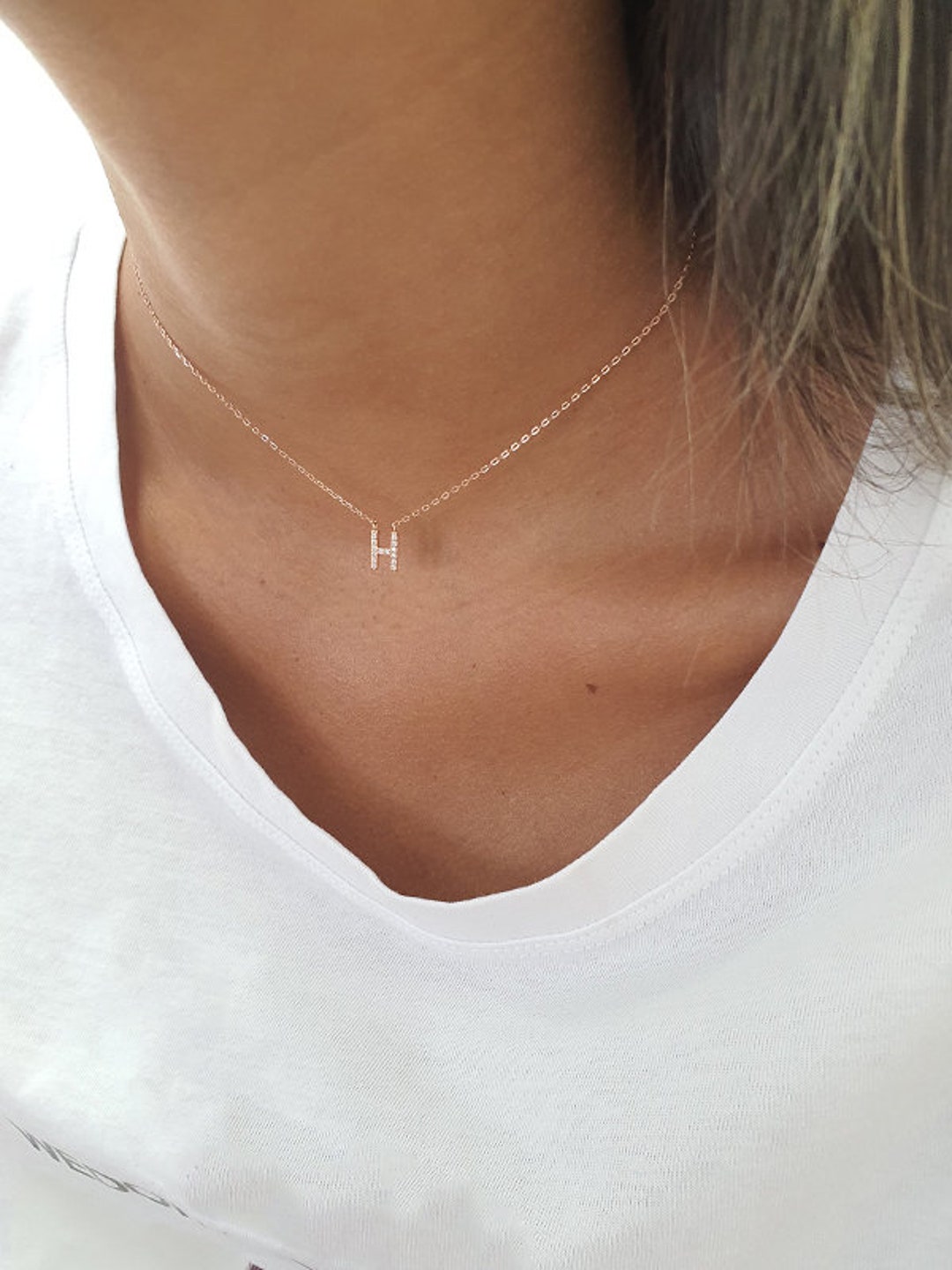 Gold Initial Letter Necklace, 925 Sterling Silver Pave Tiny Name ...
