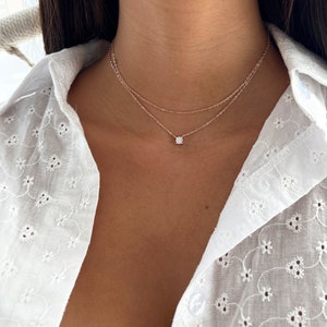 Silver Double Necklace, 14k Gold Double Solitaire Necklace With a Cubic ...