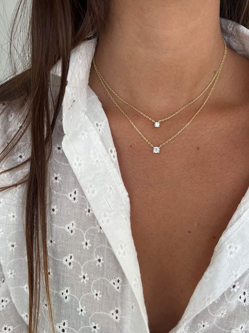Layered Solitaire Necklace, 14K Gold Over 925 Sterling Silver Double ...