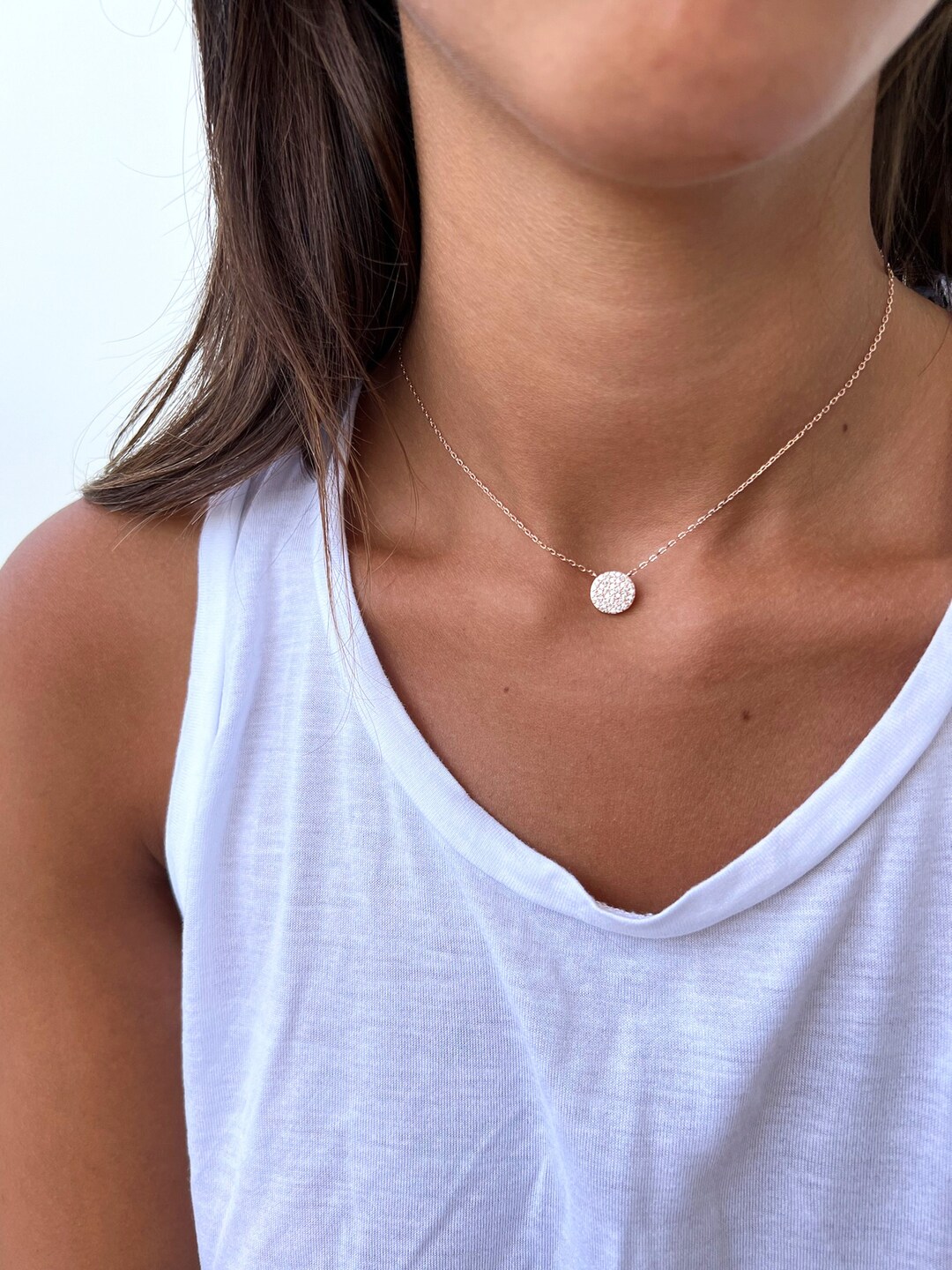 Pave Disc Necklace, Rose Gold Disc Necklace, Cubic Zirconia Disc ...