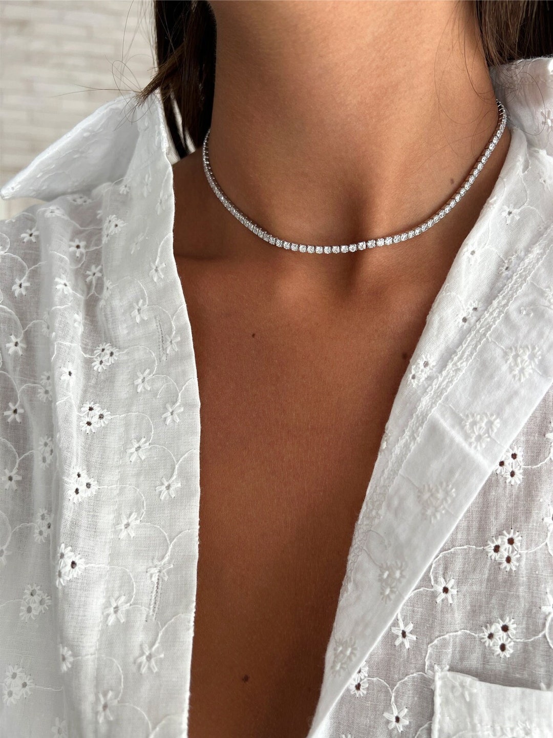 Sterling Silver 925 Tennis Necklace, Tennis Chain Choker Necklace, CZ ...