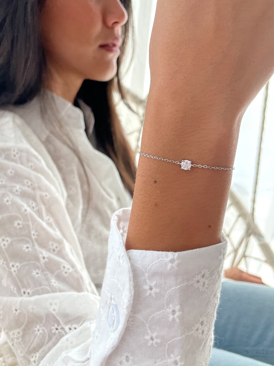 Tiny Diamond Bracelet, Delicate Silver 925 Solitaire Charm Bracelet ...