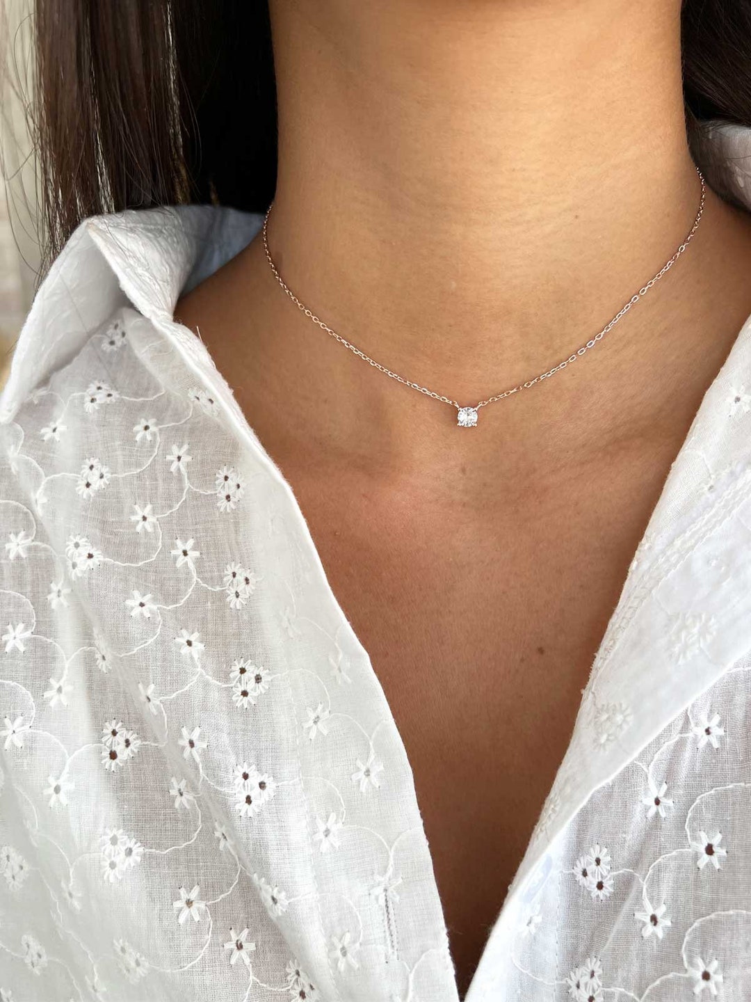 Diamond Solitaire Choker Necklace, 14k Gold or Rose Over Sterling ...