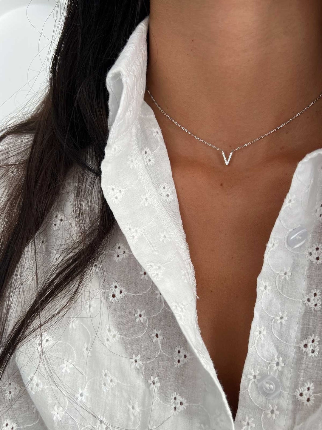 V Choker Necklace, Sterling Silver 925 Chain Cubic Zirconia V Letter ...