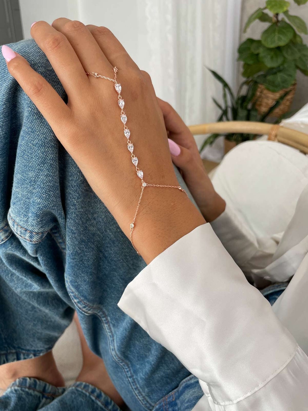 Silver 925 Hand Bracelet, Pear CZ Finger Bracelet, Tiny Teardrop Back ...