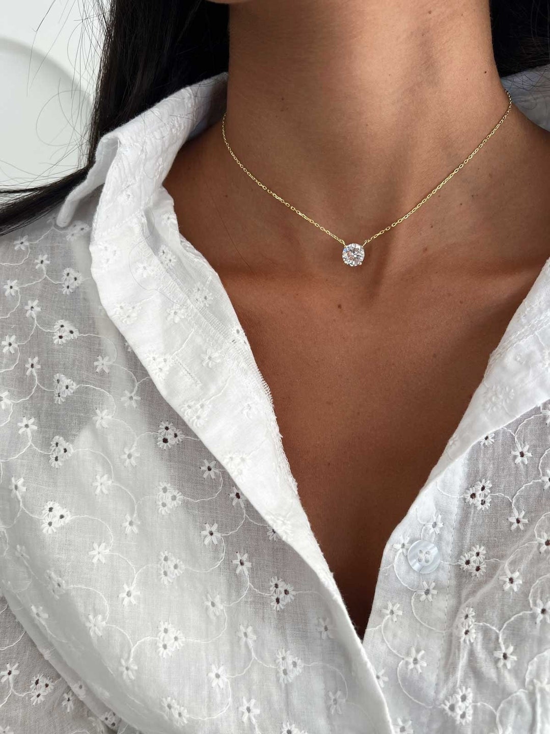 Diamond Pendant Necklace, Delicate Big Diamond Solitaire Charm Necklace ...