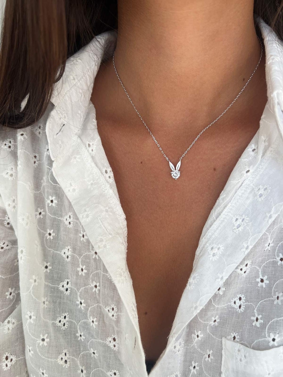 Bunny Pendant Necklace, Rose Gold Over Sterling Silver 925, CZ Diamond ...