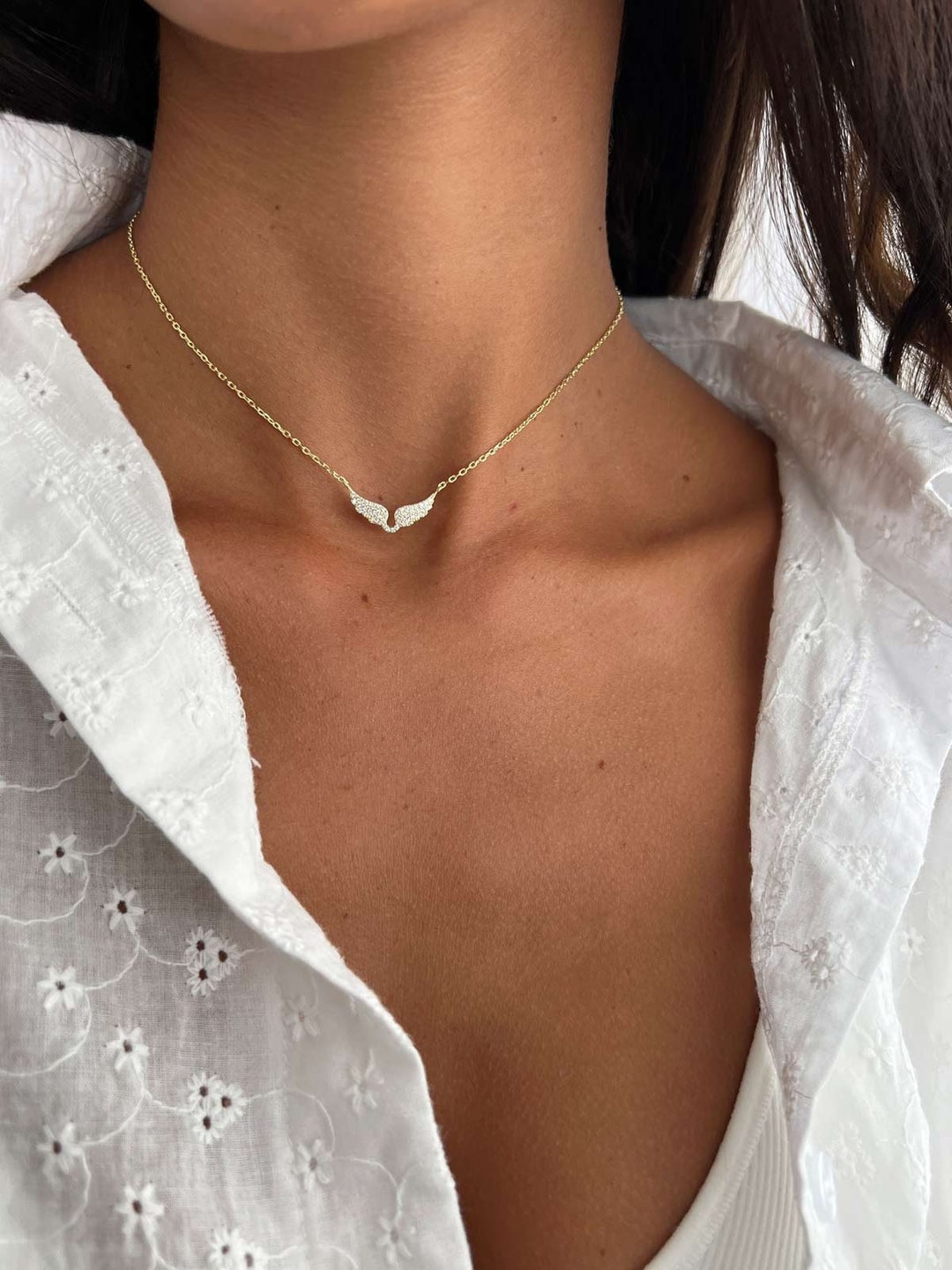 Gold Angel Wing Pendant Necklace, Minimalist Cubic Zirconia Choker ...