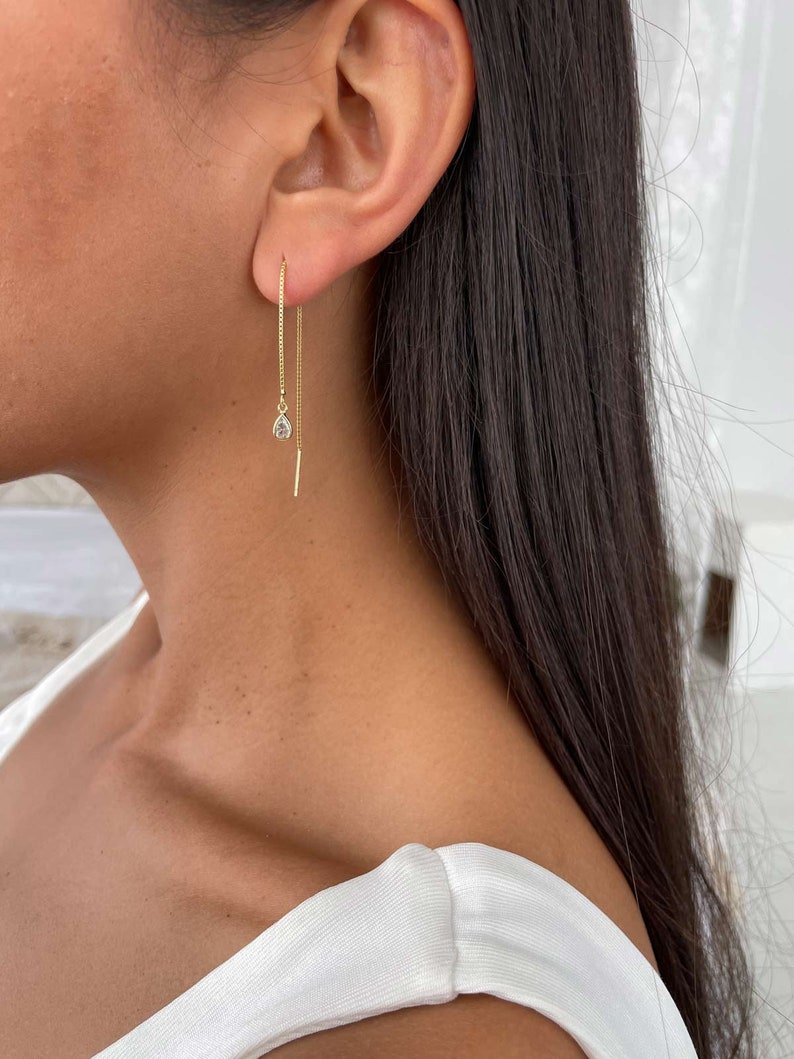 Pear CZ Threader Earrings, Sterling Silver Teardrop Chain Drops - Etsy UK