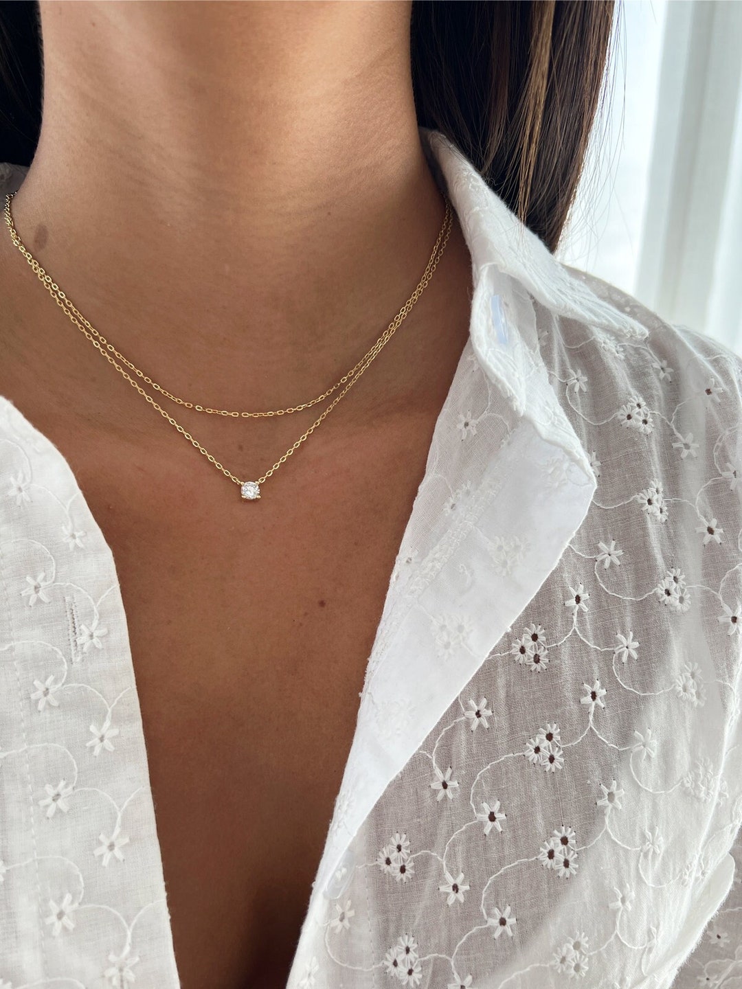 Silver Double Necklace, 14k Gold Double Solitaire Necklace With a Cubic ...