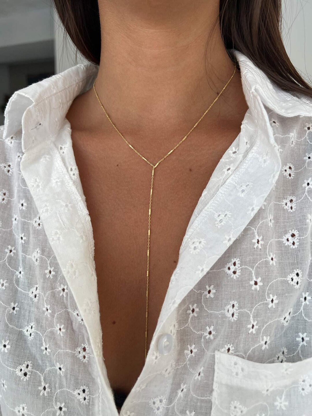 14k Gold Y Necklace, Drop Lariat Long Necklace, Dainty Y Chain Necklace ...