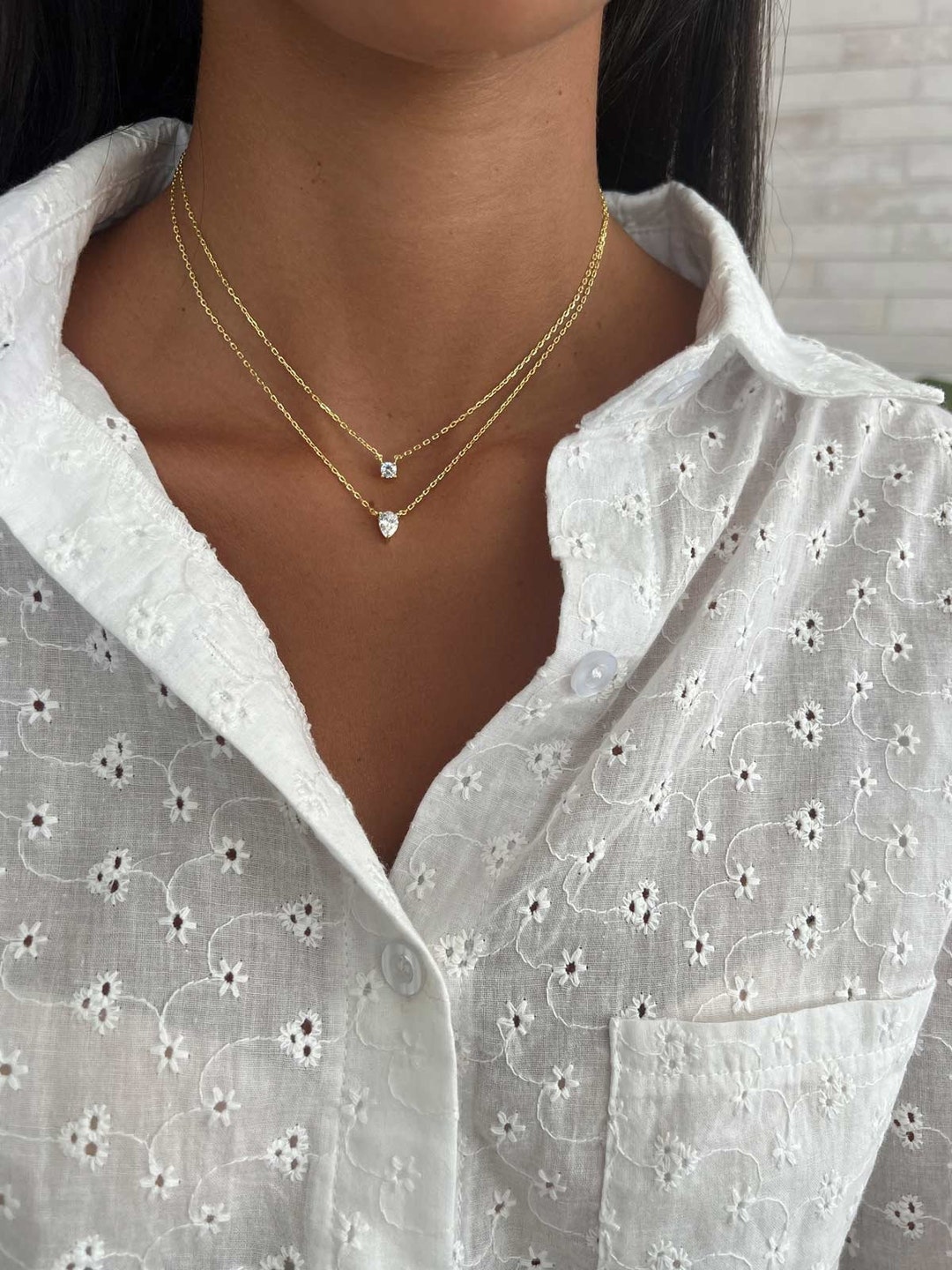Layered Double Pendant Necklace, 14k Gold Pear Diamond Solitaire Choker ...