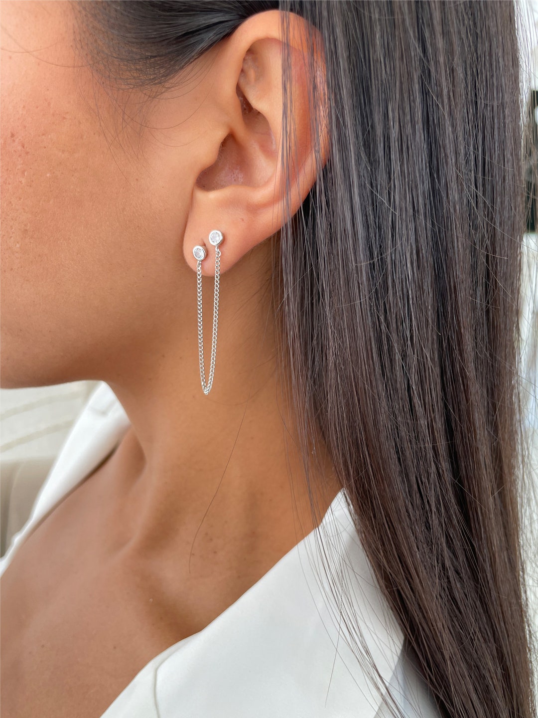 Single Double Solitaire Link Chain Connected Threader Earring, Sterling ...
