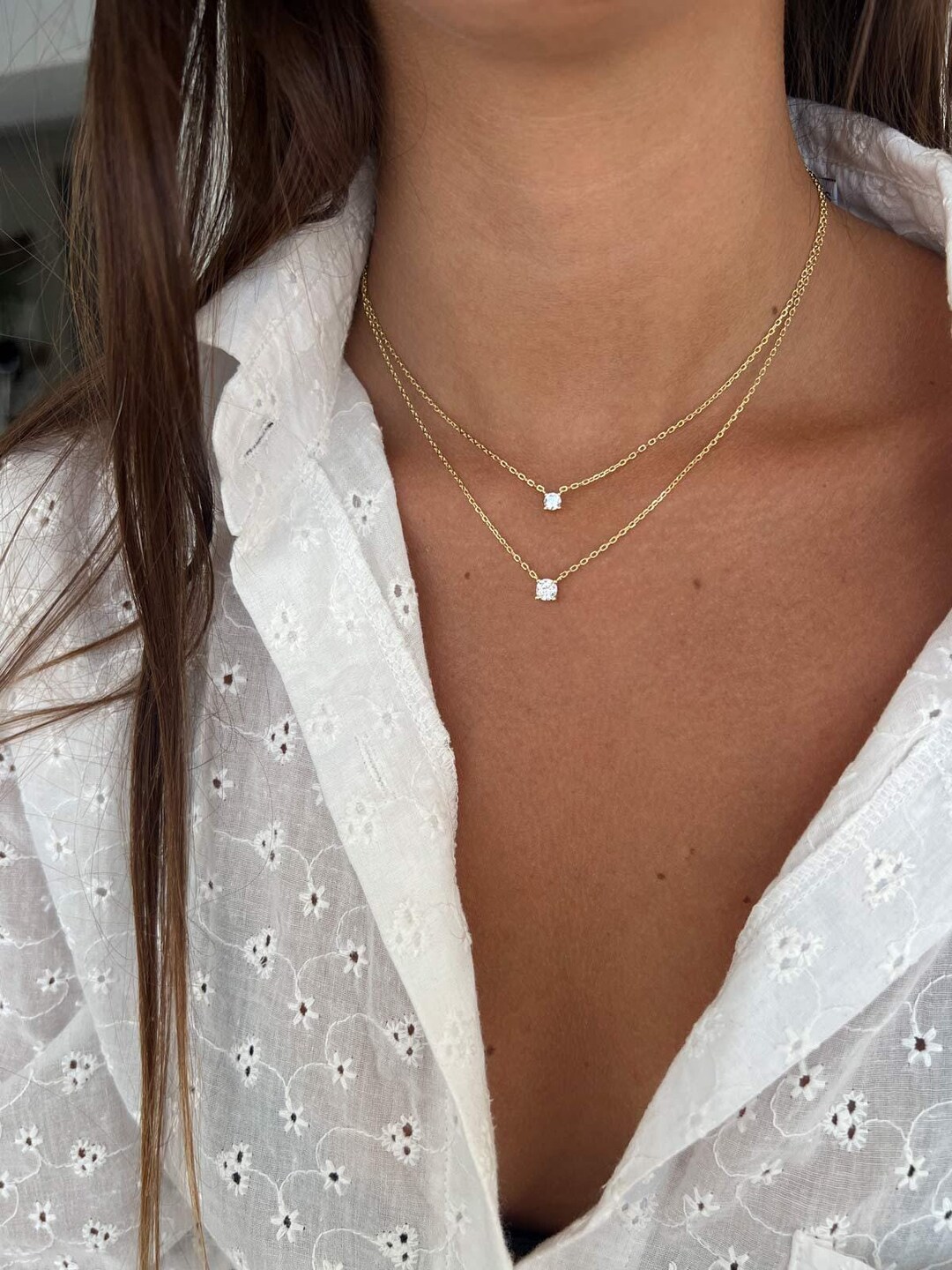 Silver 925 Double Pendant Necklace, Double Chain Charm Necklace, 14k ...