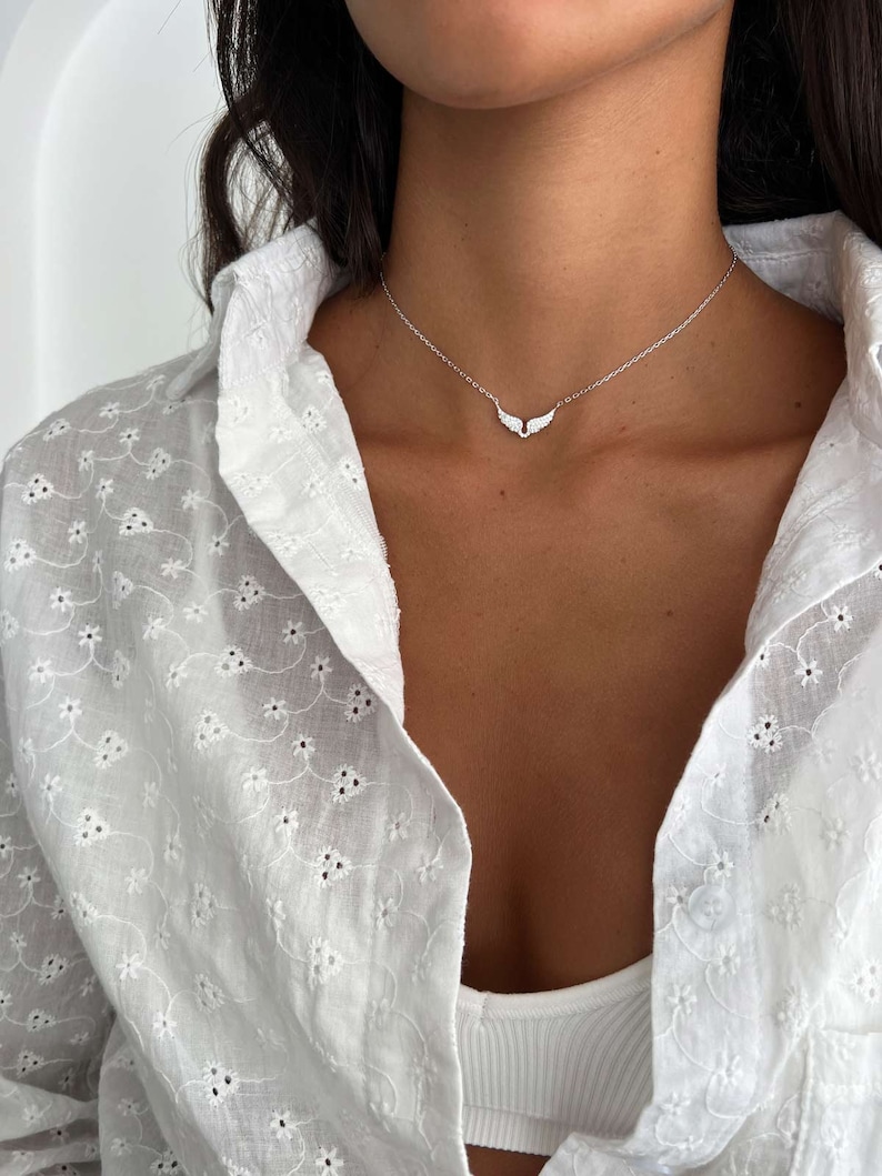 Gold Angel Wing Pendant Necklace, Minimalist Cubic Zirconia Choker ...