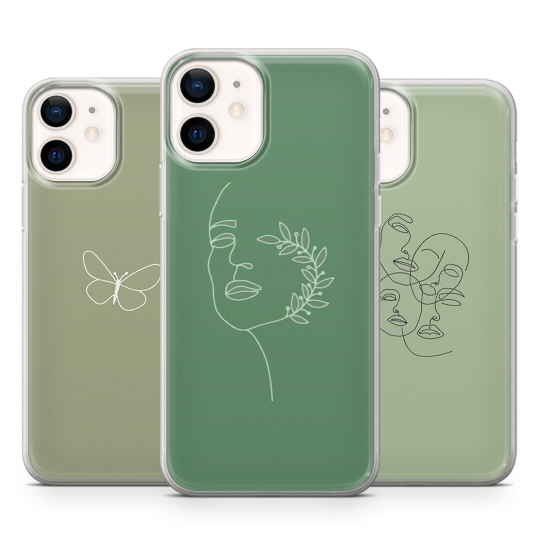 Line Drawing Phone Case Minimal Green Cover for iPhone 14, 13, 12, 11 ...