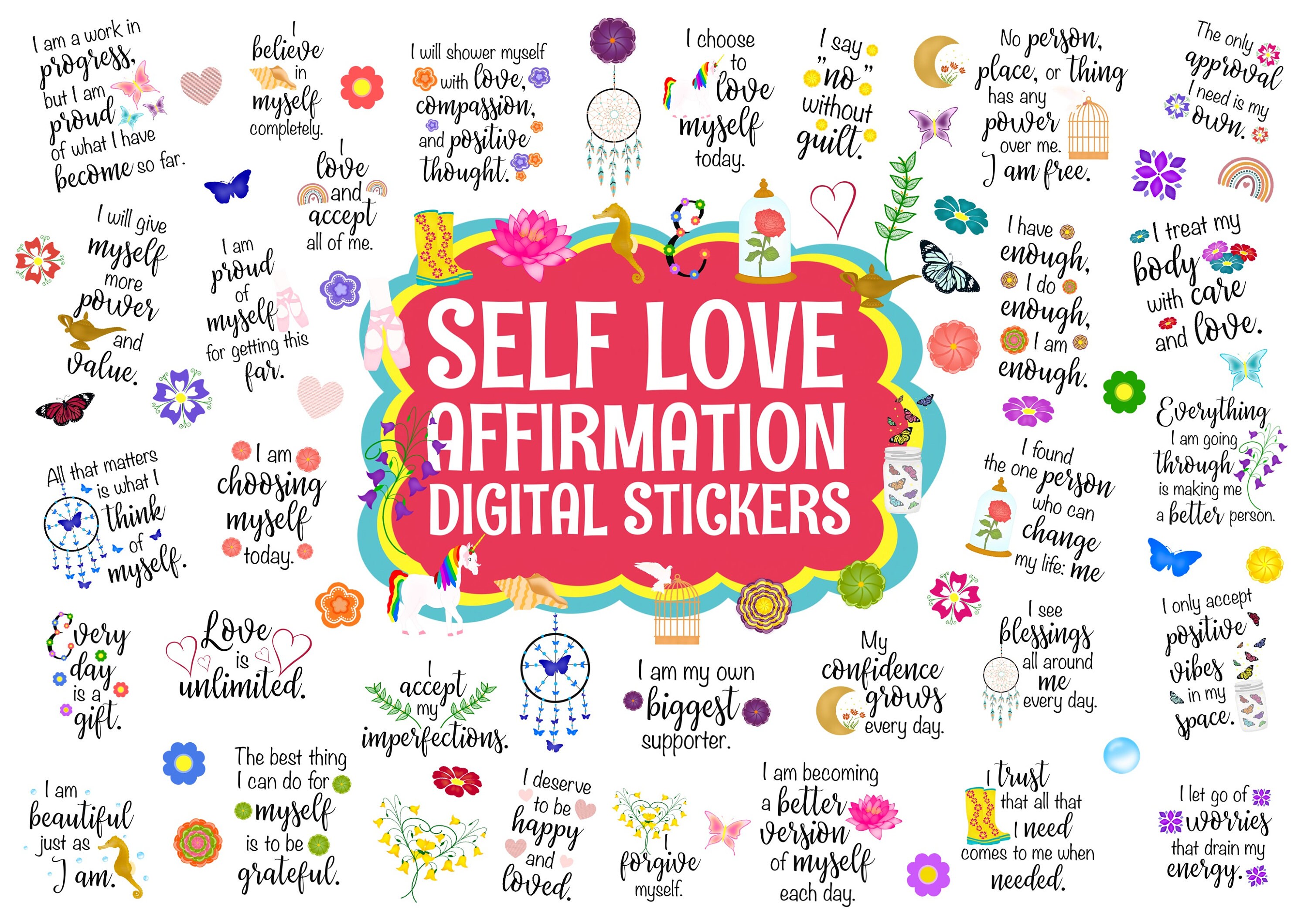 Self Love Affirmation Digital Stickers, Precropped Digital Planner ...