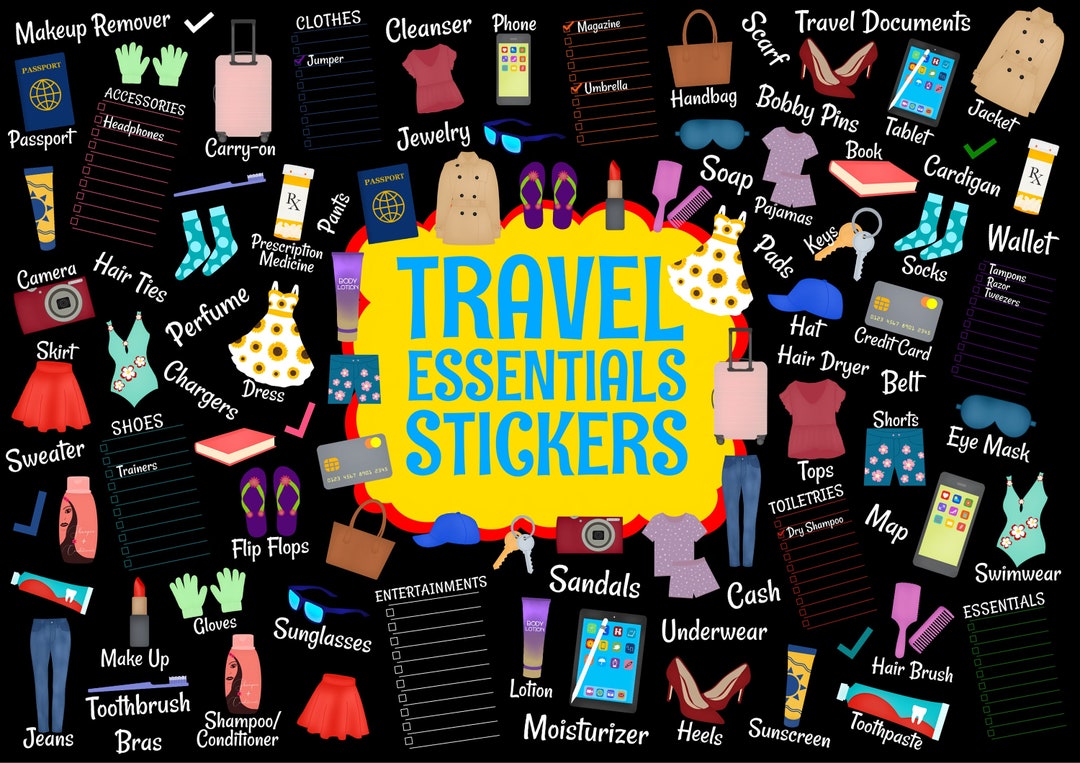 Travel Essentials Stickers Dark Mode Set, Dark Planner, Precropped ...