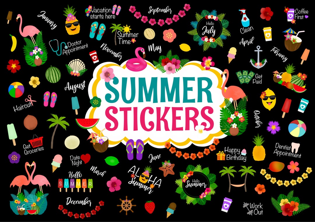 Summer Digital Sticker Dark Mode Set, Dark Planner, Precropped Digital ...