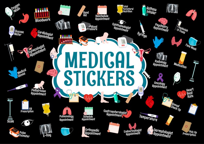 Medical Digital Stickers Dark Mode Set, Health Appointments, Medical ...