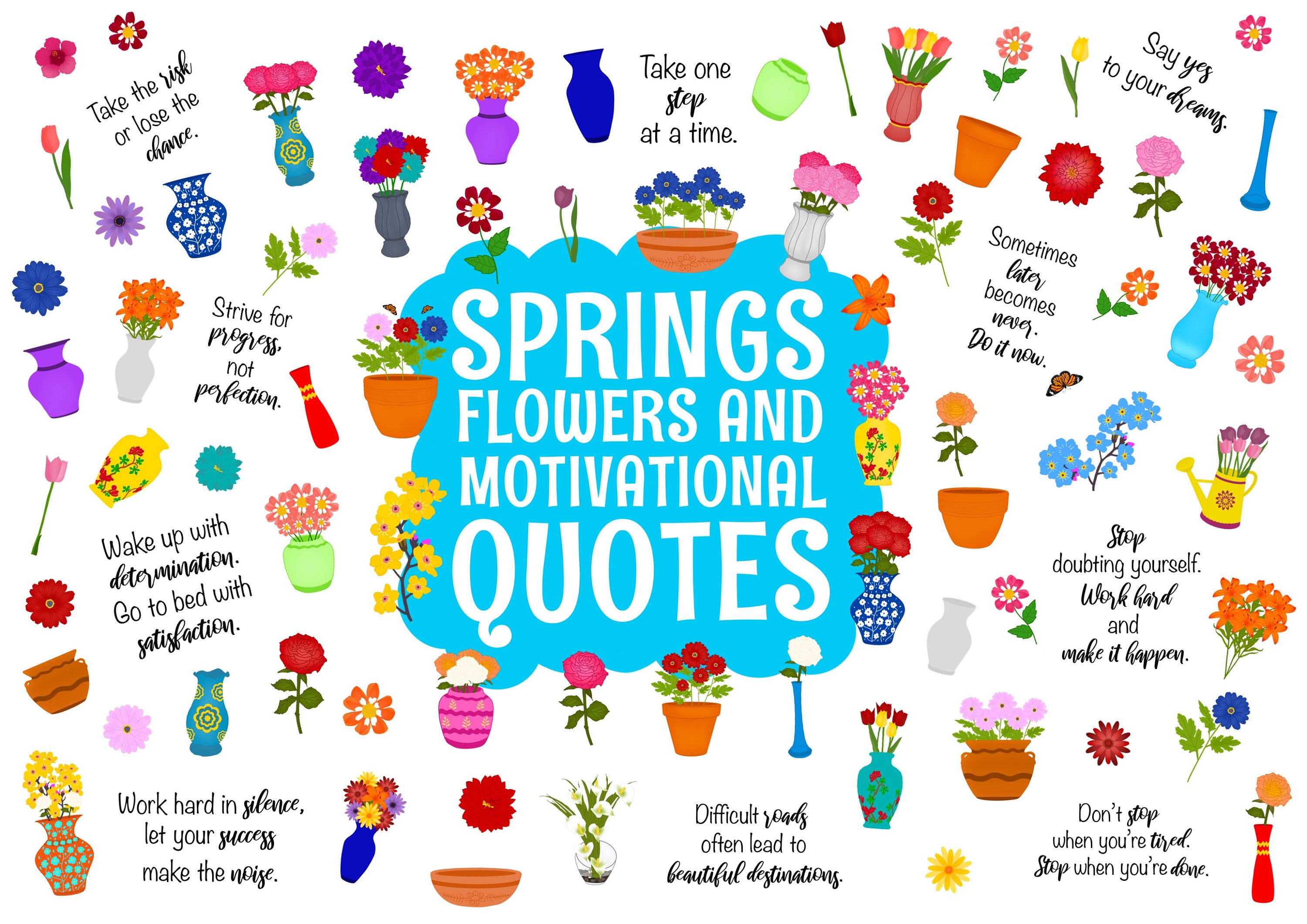 Spring Flowers and Motivational Quotes Digital Stickers | Etsy