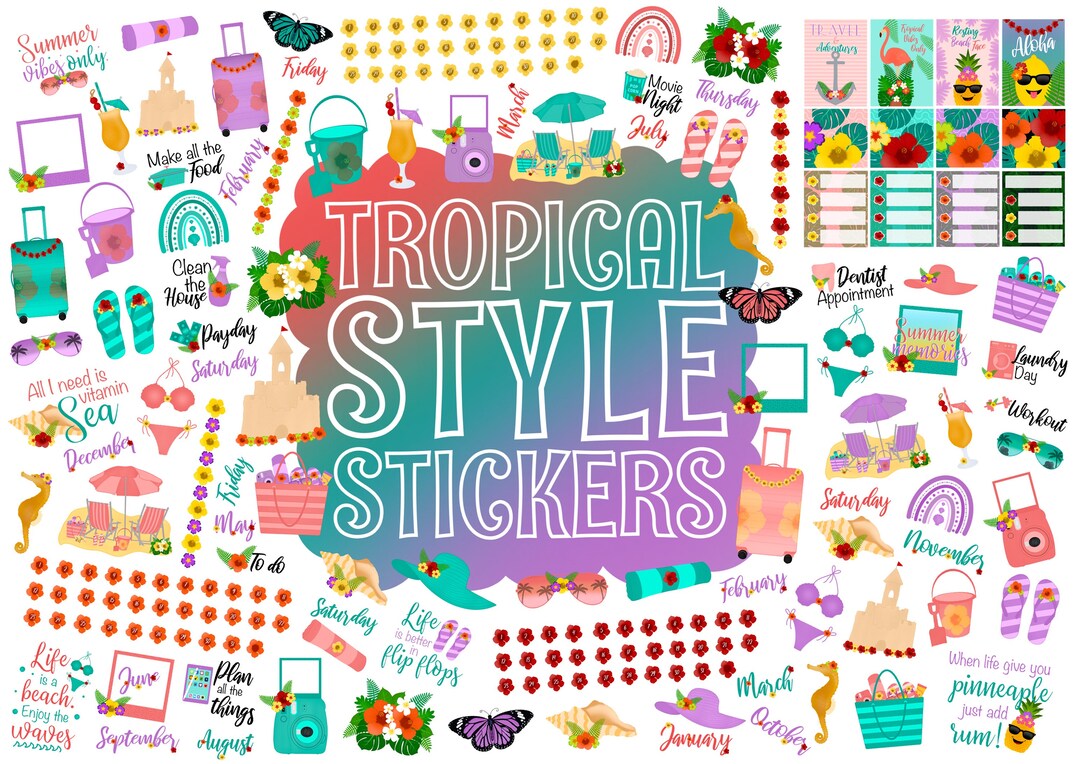 Tropical Style Digital Sticker, Summer Stickers, Precropped Digital ...