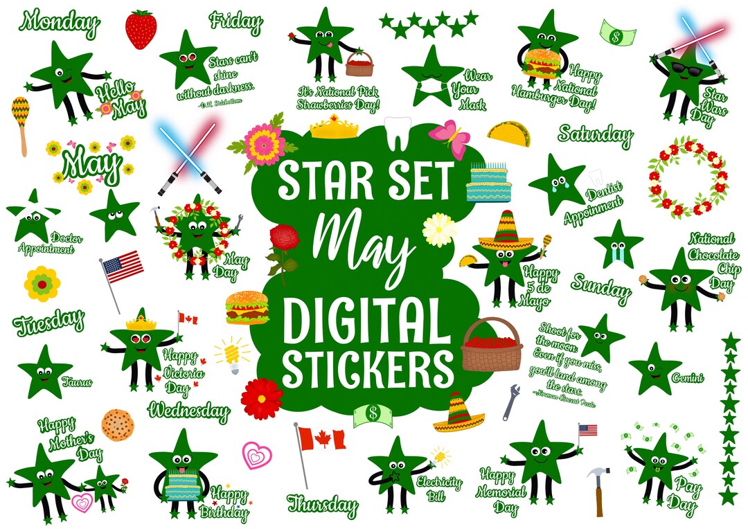 Star Set May Digital Stickers, Precropped Digital Planner Stickers ...