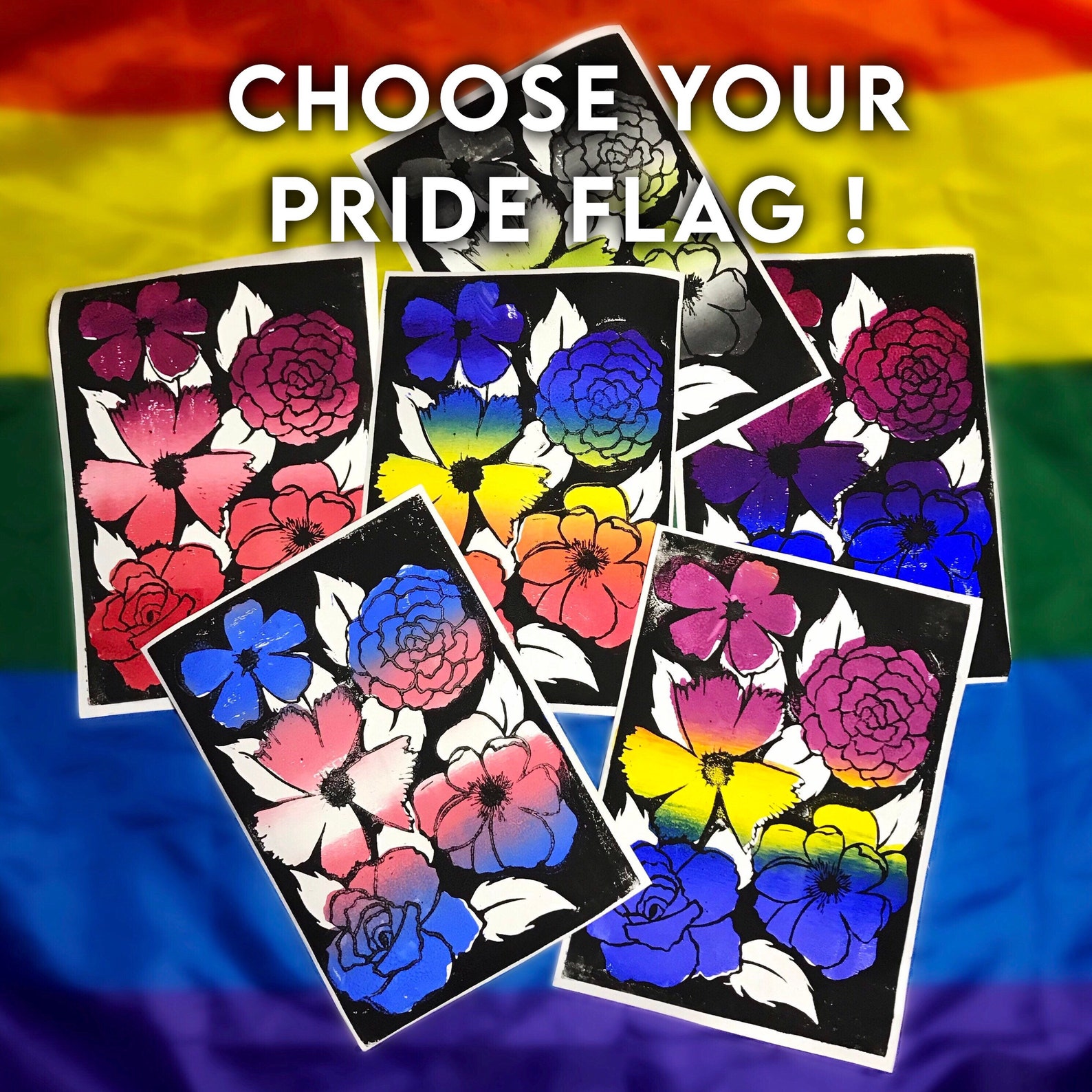 LGBTQ Pride art linocut Hand Print with Flowers Impression | Etsy